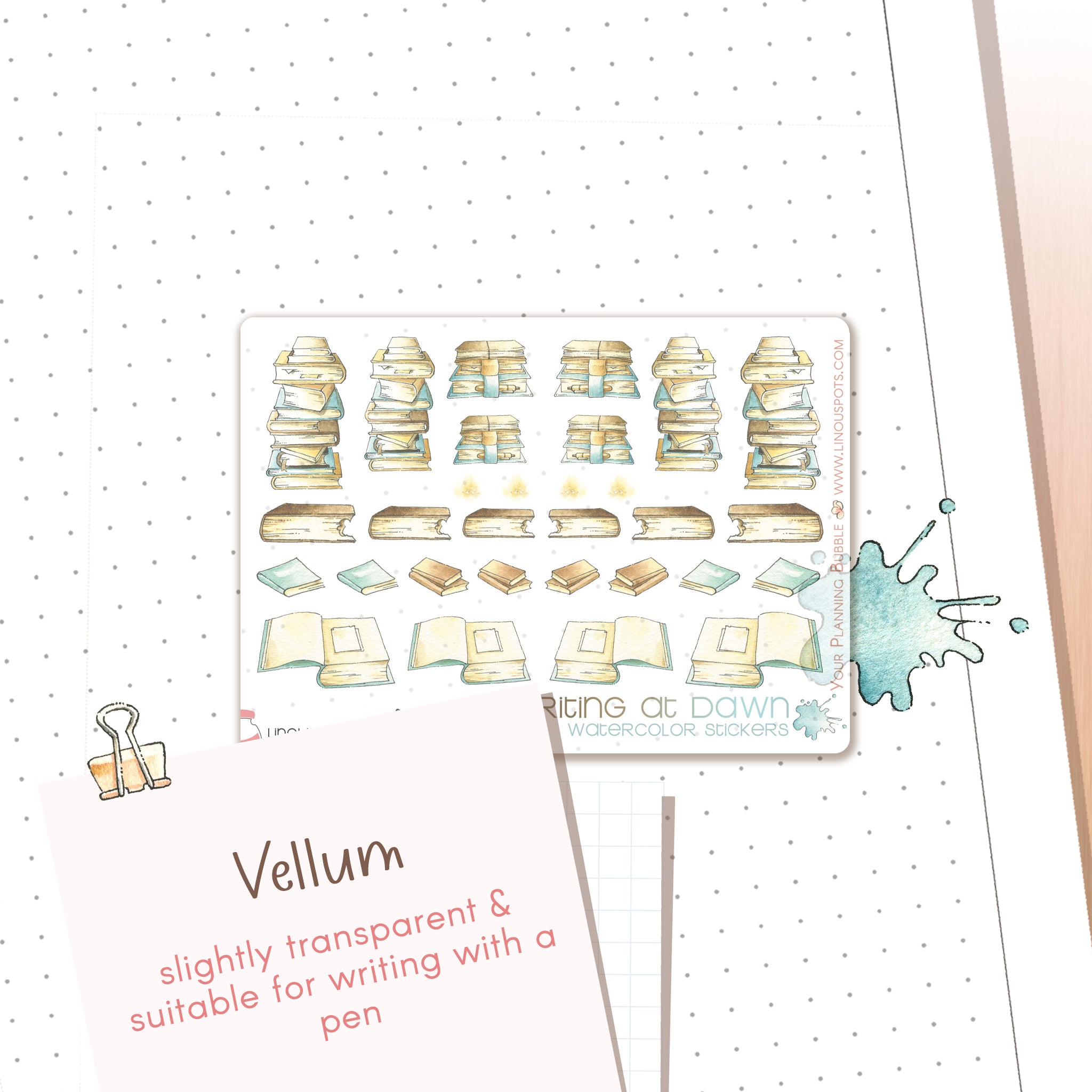Writing At Dawn - Decorative Watercolor Stickers MINI - Books – Linouspots