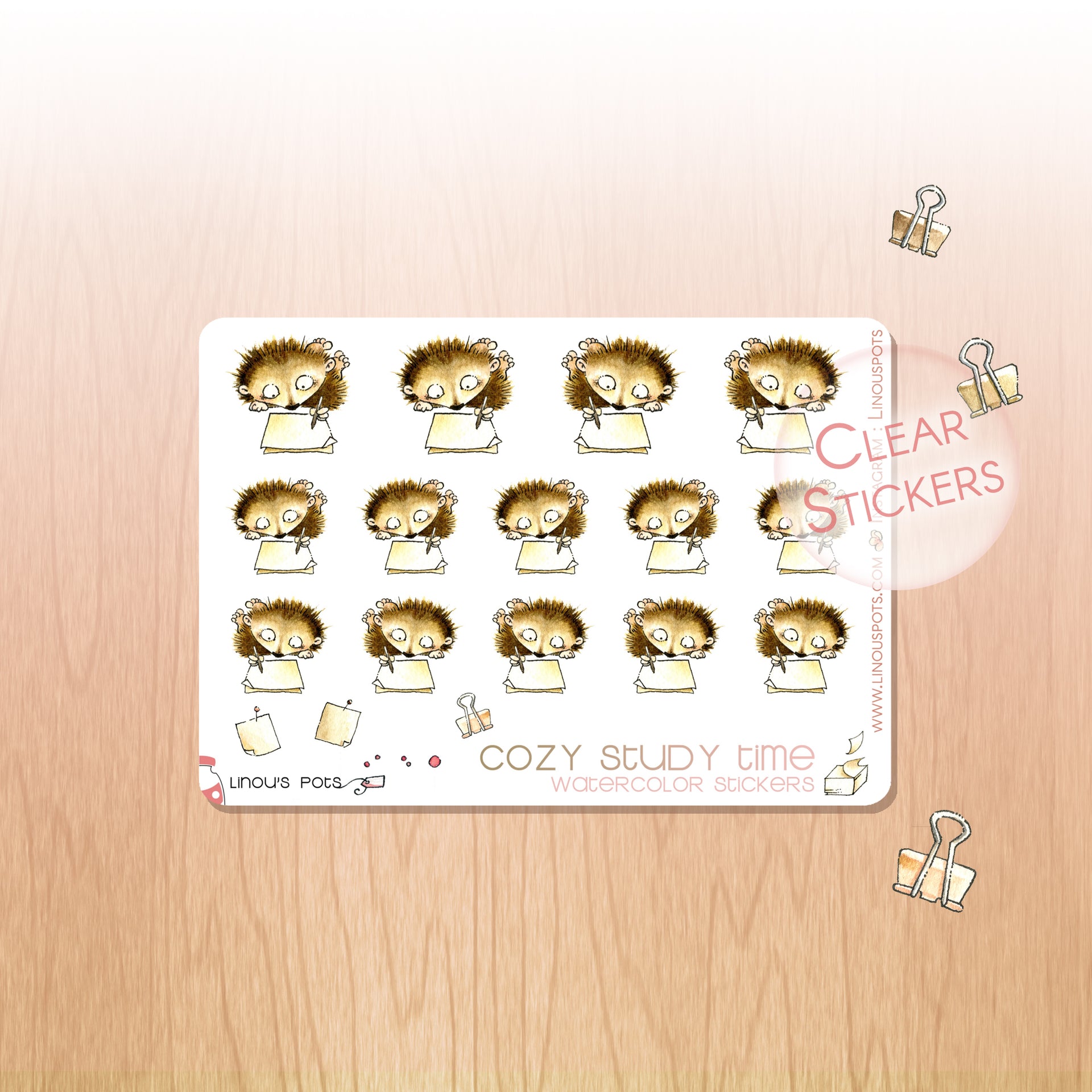 Cozy Study Time - Watercolor Planner Stickers MINI - Hedgehog Writing ...