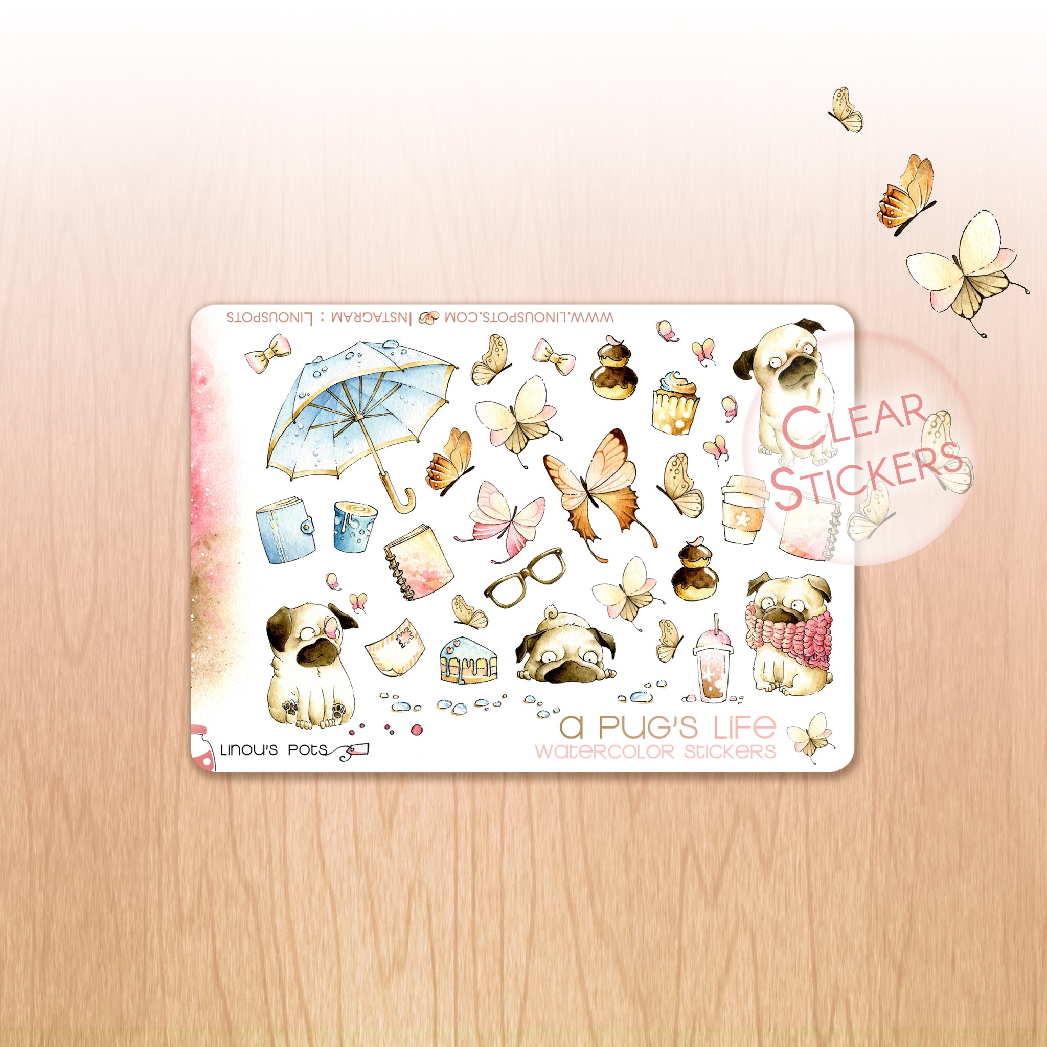 A Pug's Life - Decorative Watercolor Stickers MINI - Pugs, Butterflies ...